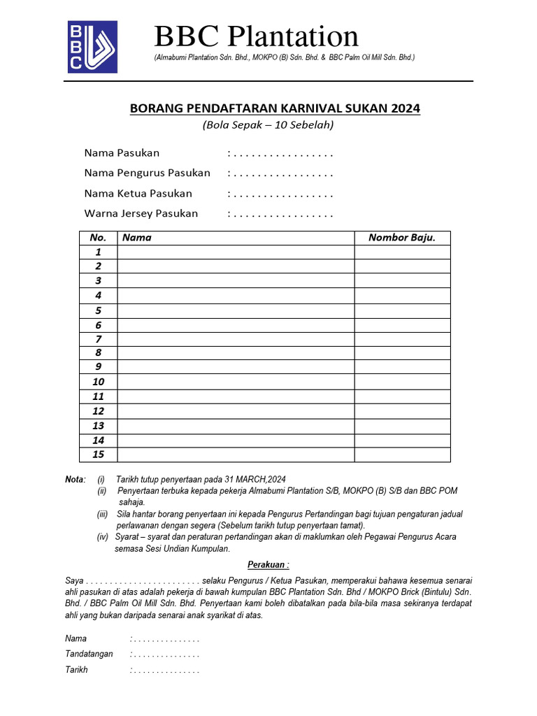 Borang Penyertaan Karnival Sukan 2024.... | PDF