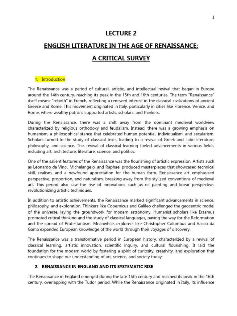 Lecture On English Literature and Renaissance | PDF | Renaissance ...