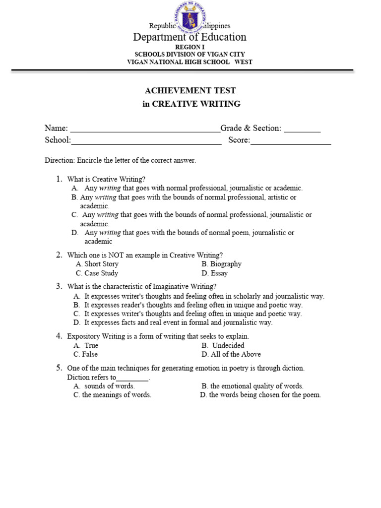 Achievement Test Creative Writing | PDF | Poetry | Narrative