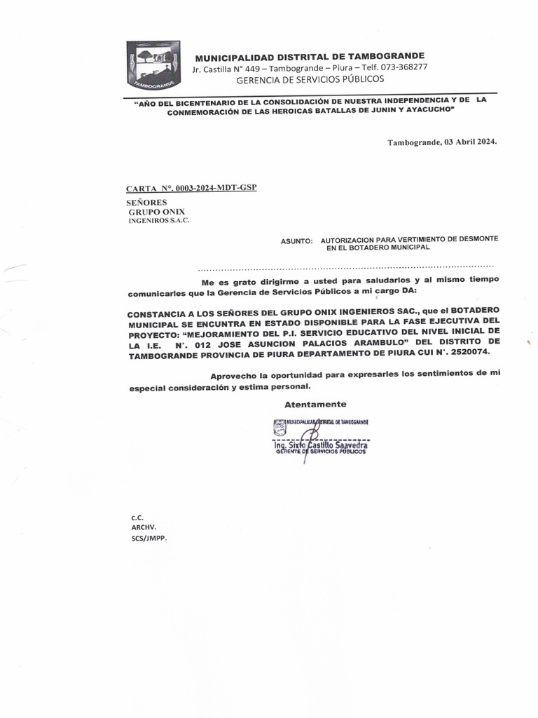 Carta N°003-2024-Mdt-Gsp-Grupo Onix | PDF