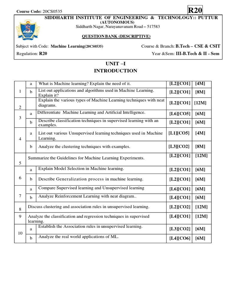 20cs0535 Machine Learning Pdf Cluster Analysis Machine Learning