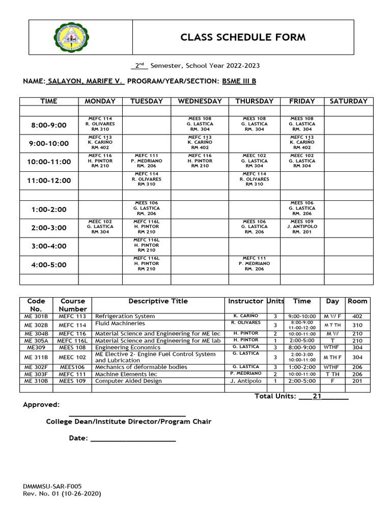 Sar f005 Class Schedule Form Copy | PDF | Physical Sciences | Applied ...