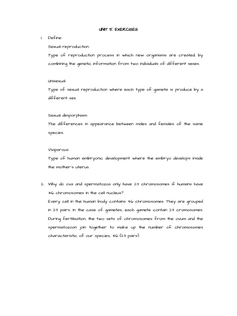Unit 5 Exercises Reproduction Solution | PDF | Menstrual Cycle | Mammal Female Reproductive System