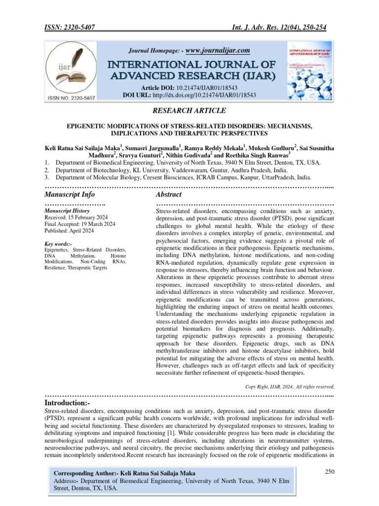 Epigenetic Modifications of Stress-Related Disorders: Mechanisms ... Epigenetic Modifications of Stress-Related Disorders: Mechanisms ...
