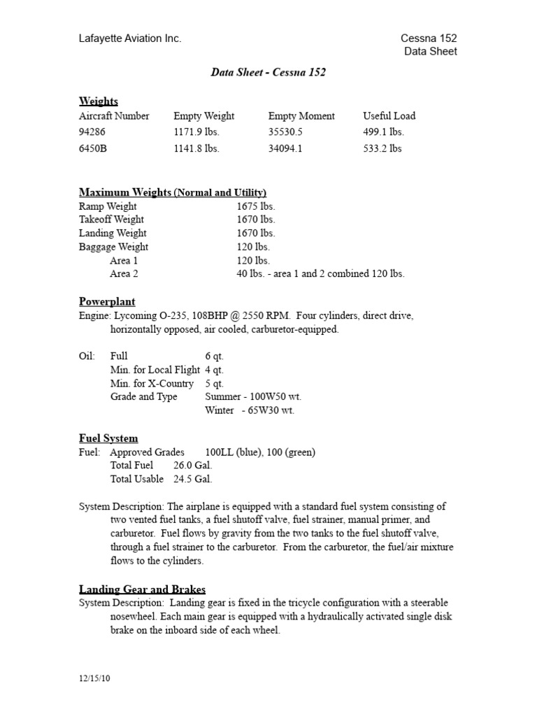 C152 Data Sheet | PDF | Aircraft | Aviation