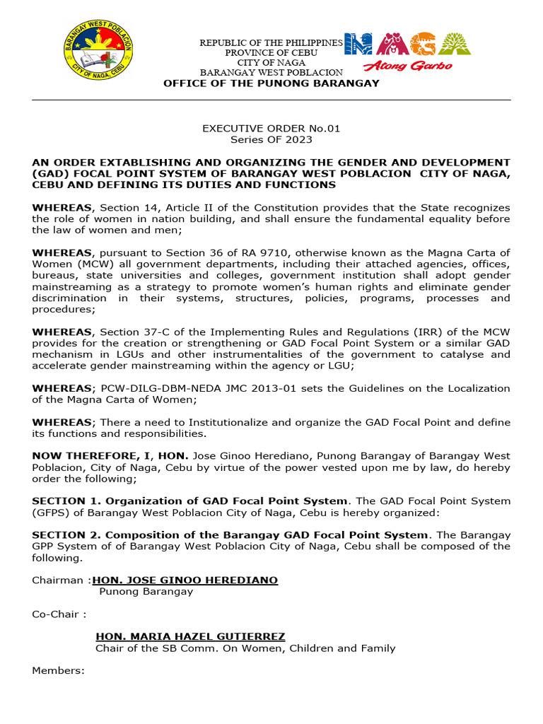 Executive Order No. 1 Gad Focal Point System | PDF | Empowerment | Gender