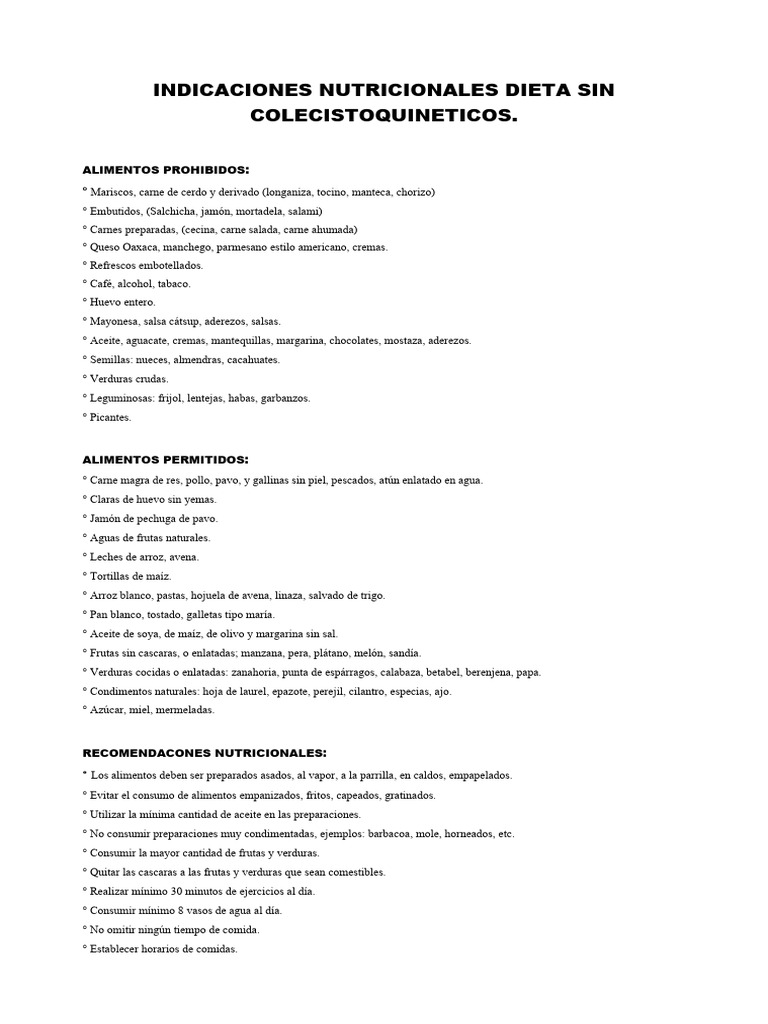 Indicaciones Nutricionales Dieta Sin Colecistoquineticos | PDF