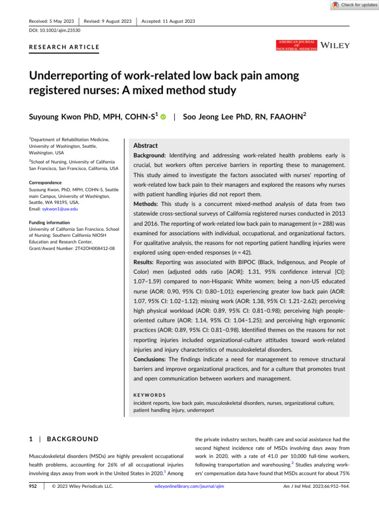 American J Industrial Med - 2023 - Kwon - Underreporting of Work ...