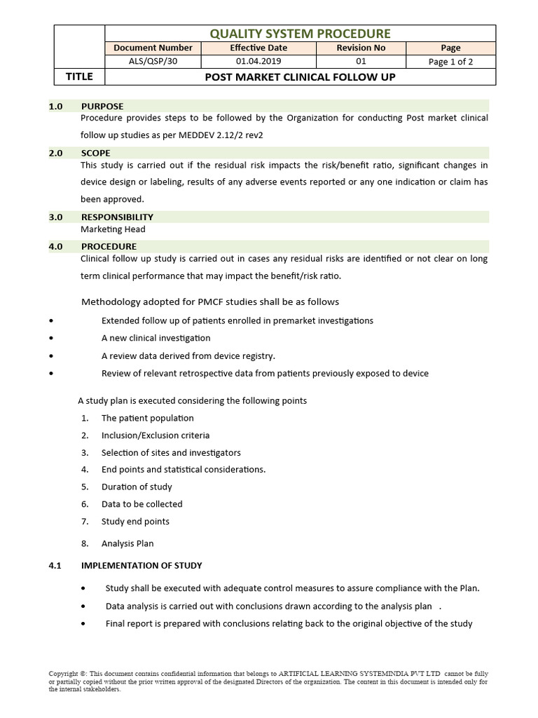 ALS - QSP - 30 Rev01 Post Market Clinical Follow Up | PDF | Quality ...