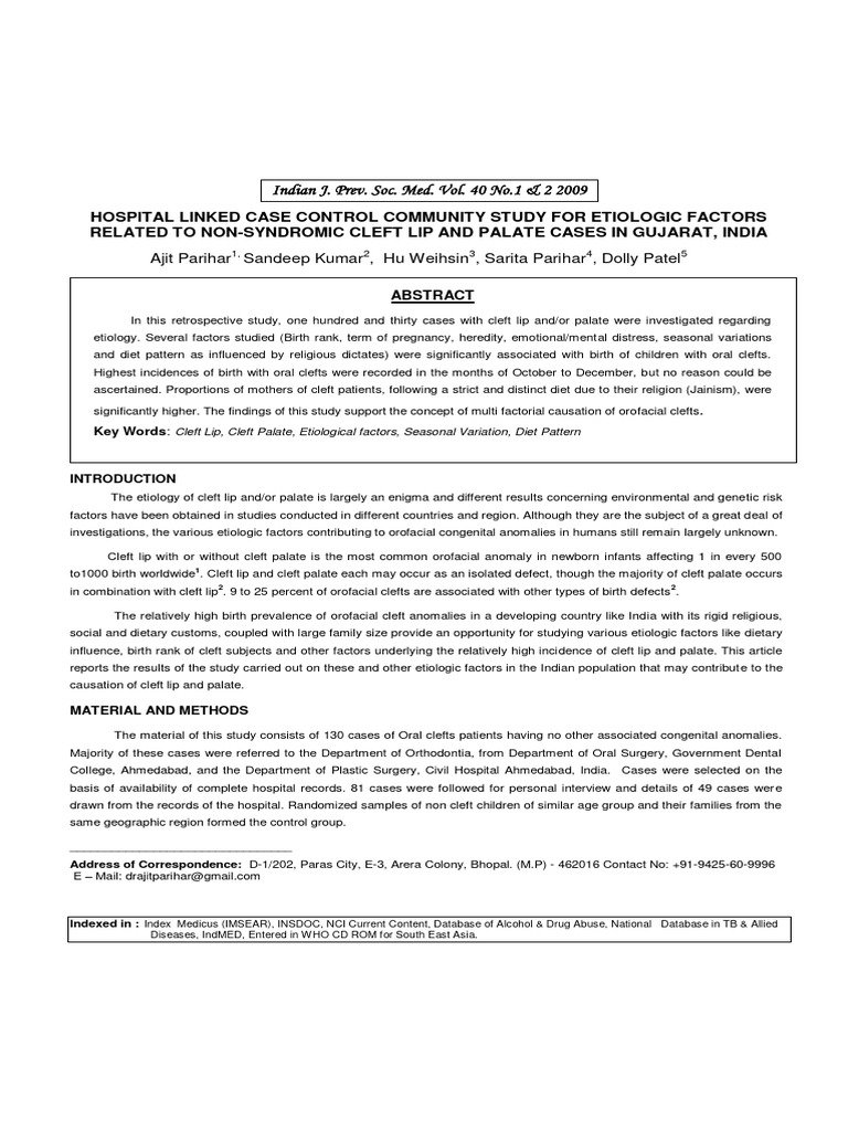 Hospital Linked Case Control Community Study For Etiologic Factors Related To Non-Syndromic ...