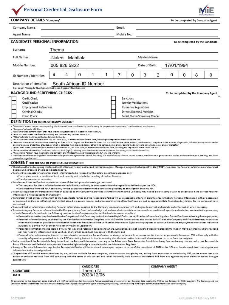 MIE Personal Credential Disclosure Form 2021 | PDF | Background Check ...