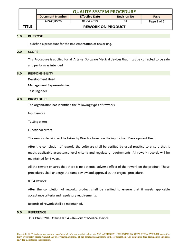 ALS - QSP - 26 Rev01 Rework On Product | PDF | Quality Assurance | Quality Management System