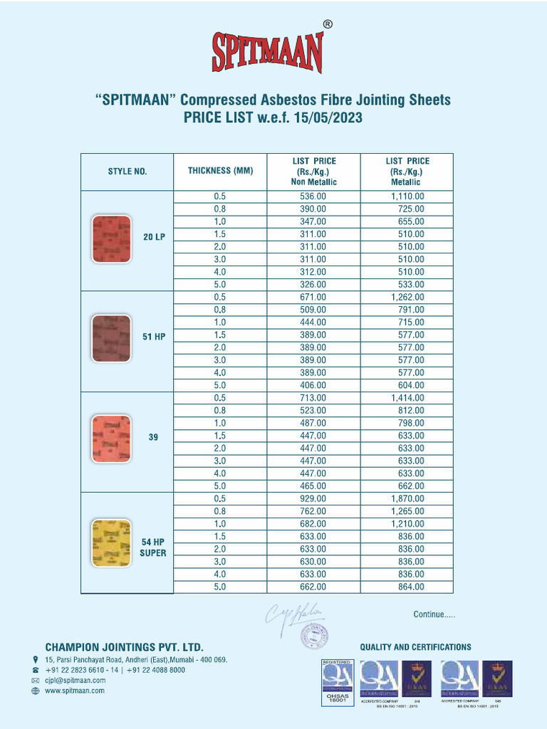 Spitmaan Price List 15th May 2023 | PDF | Materials