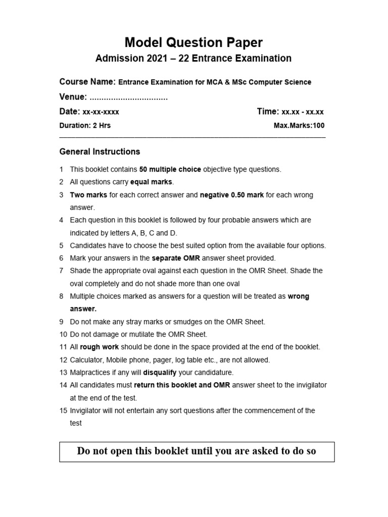 MCA & MSc Computer Science Entrance Exam Paper | PDF | Matrix ...
