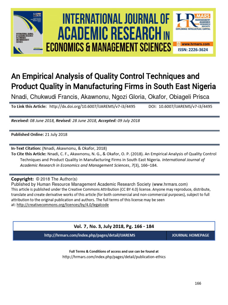 An Empirical Analysis of Quality Control Techniques and Product Quality in Manufacturing Firms ...