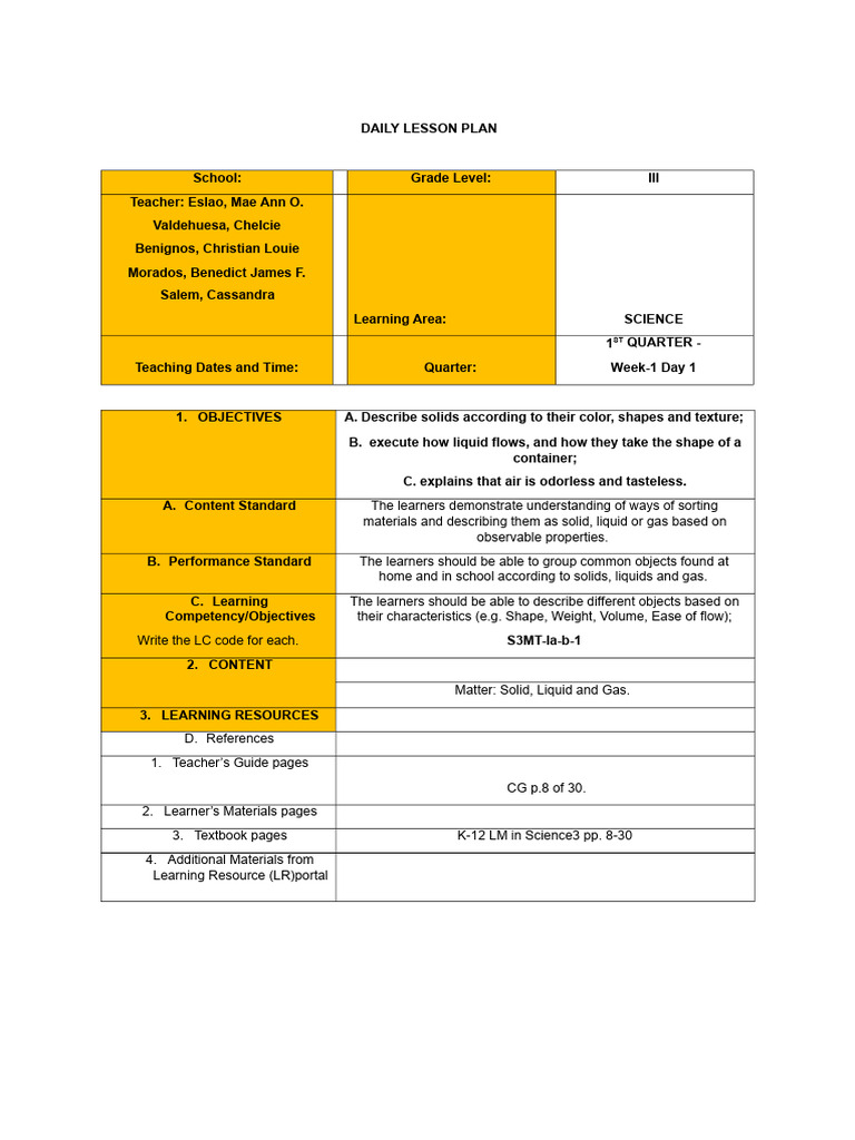 Science- Daily Lesson PLAN | PDF | Learning | Lesson Plan