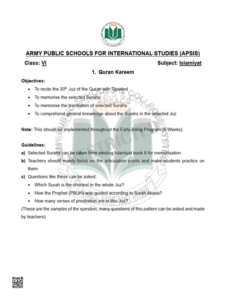 Class VI WKST Islamiyat 2024-25 | PDF | Surah | Quran