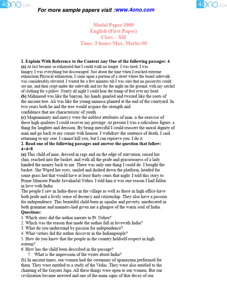 UP Board Intermediate General English Sample Paper | PDF