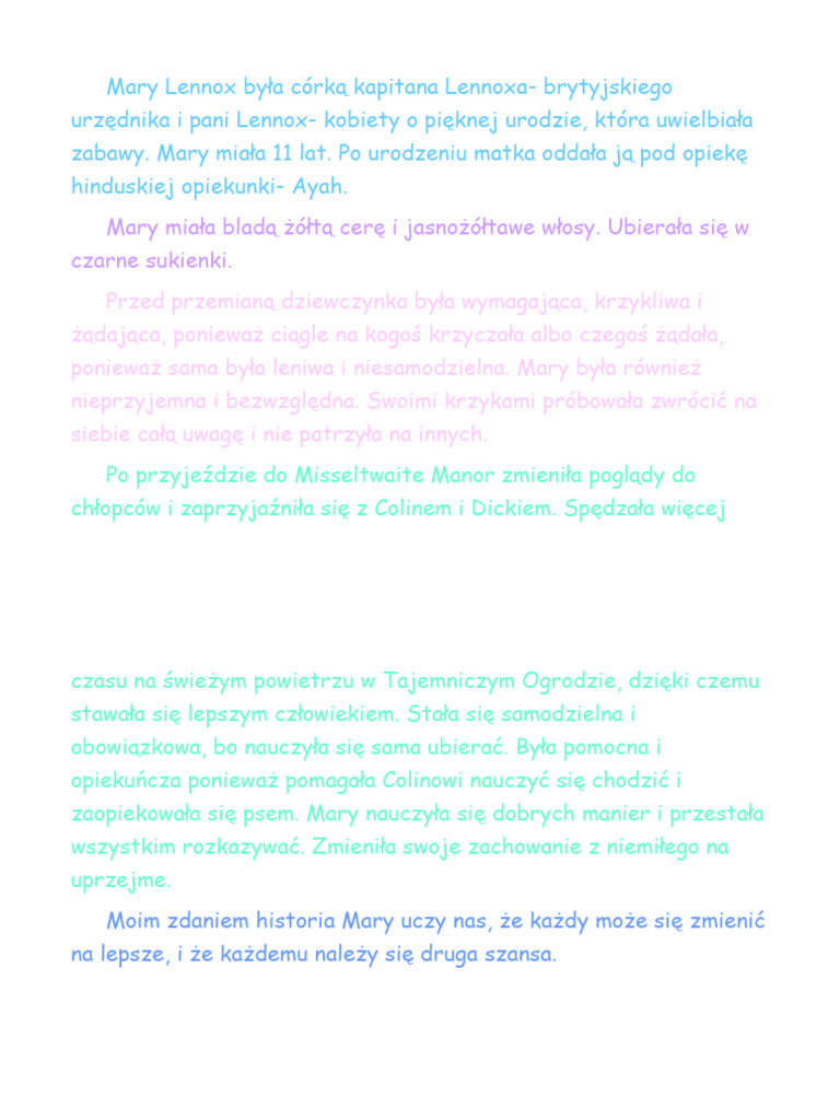 Mary Lennox Charakterystyka | PDF