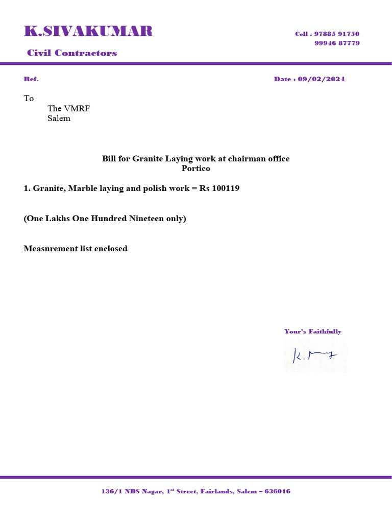 Granite Laying Work Bill Summary | PDF | Components | Building Engineering