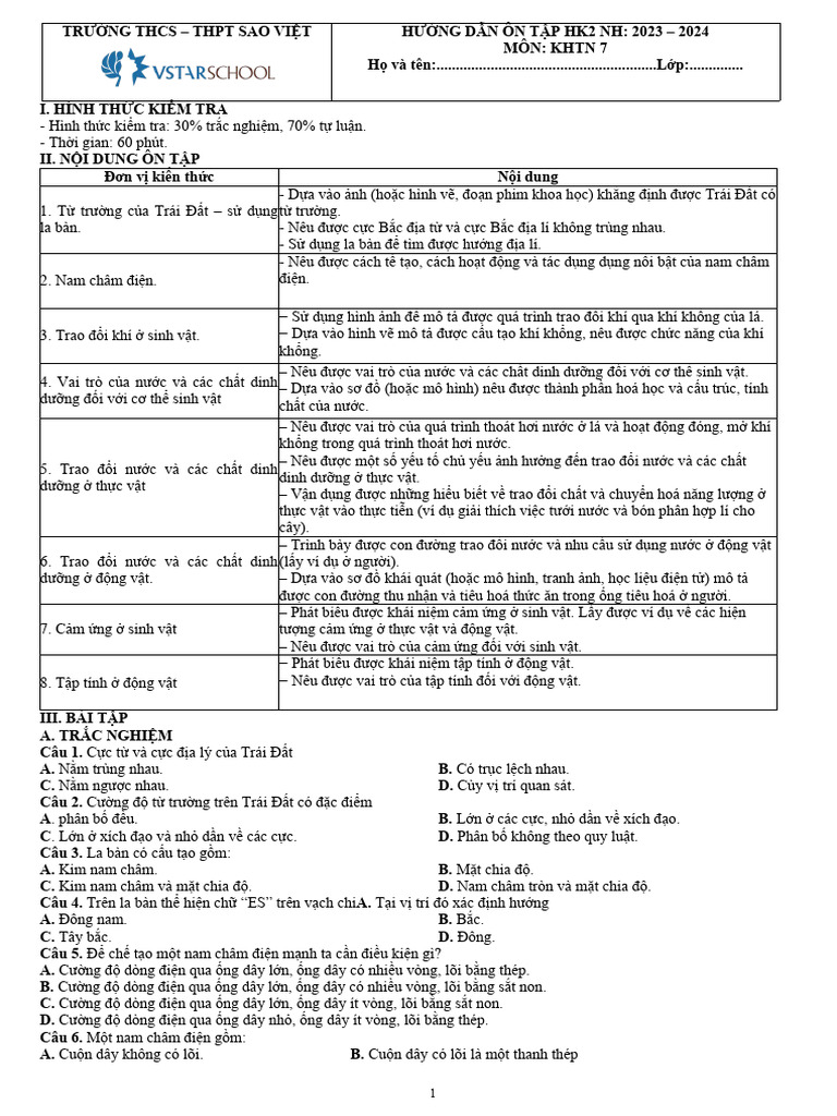 Decuong - KHTN 7 - Hk2 - 2324 | PDF