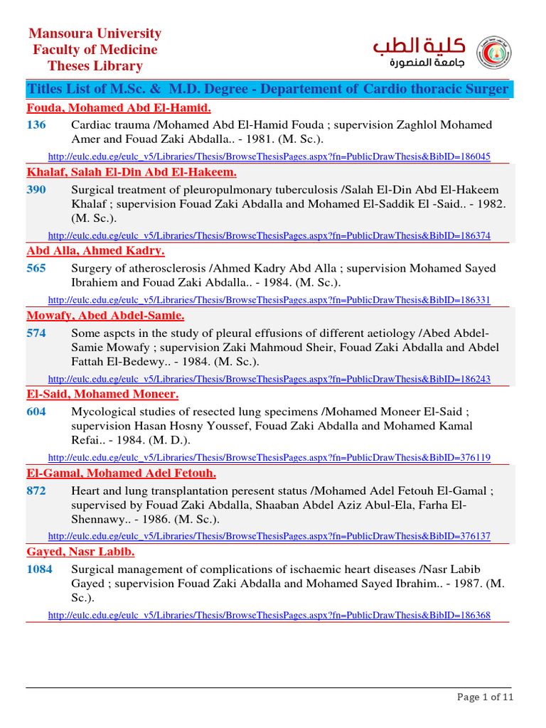 Cardio-Thoracic Thesis Index | PDF | Coronary Artery Bypass Surgery | Cardiothoracic Surgery