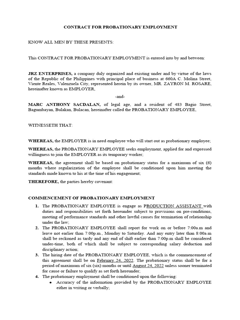 CONTRACT FOR PROBATIONARY EMPLOYMENT | PDF | Employment | Payroll Tax