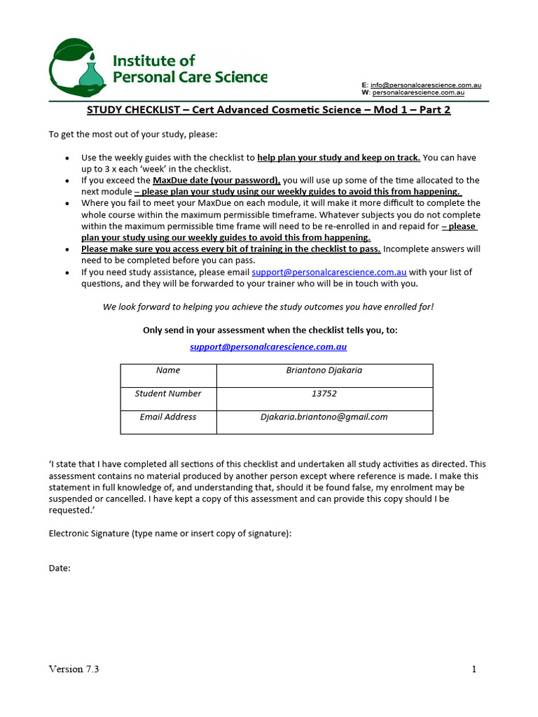 Assessment & Study Checklist ADV CERT Mod 1 - Part 2 - V7.3 - Wks ...