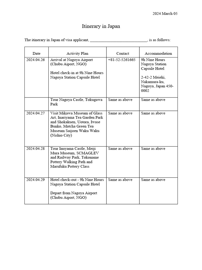 Sample Itinerary in Japan | PDF