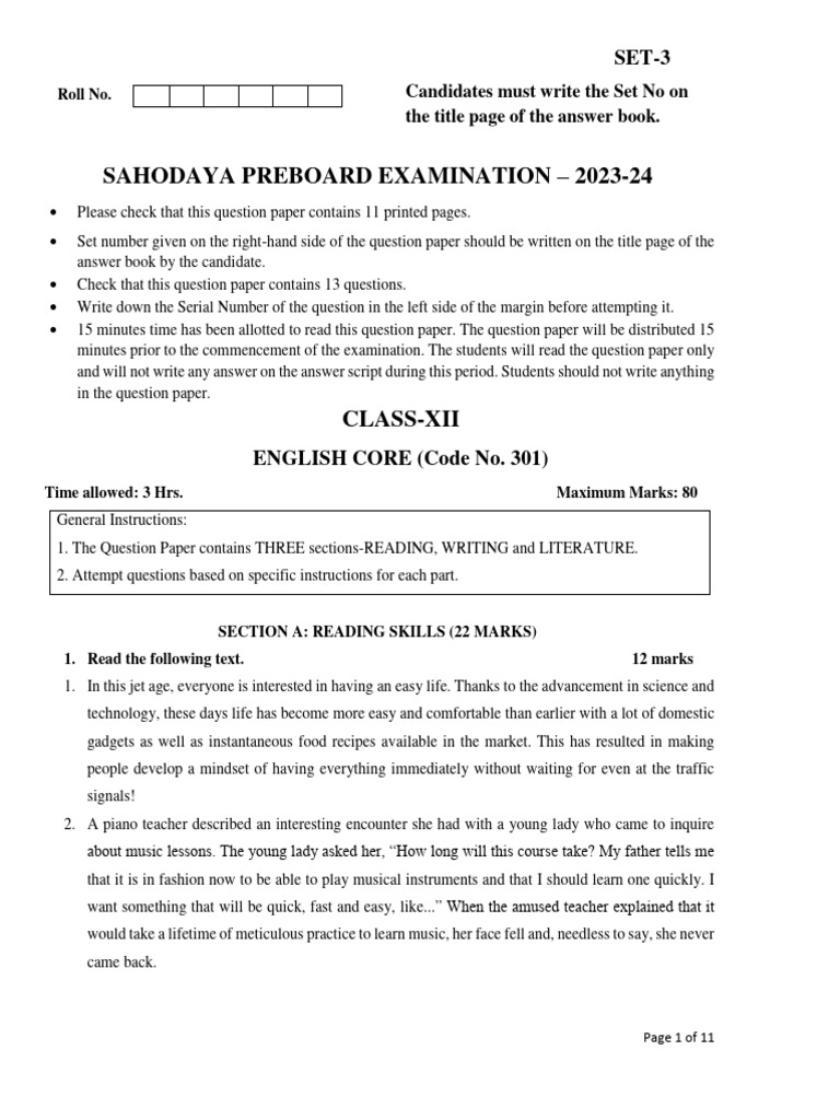 Xii-English - QP (Set - 3) - VST | PDF | Social Media | Popular Culture & Media Studies
