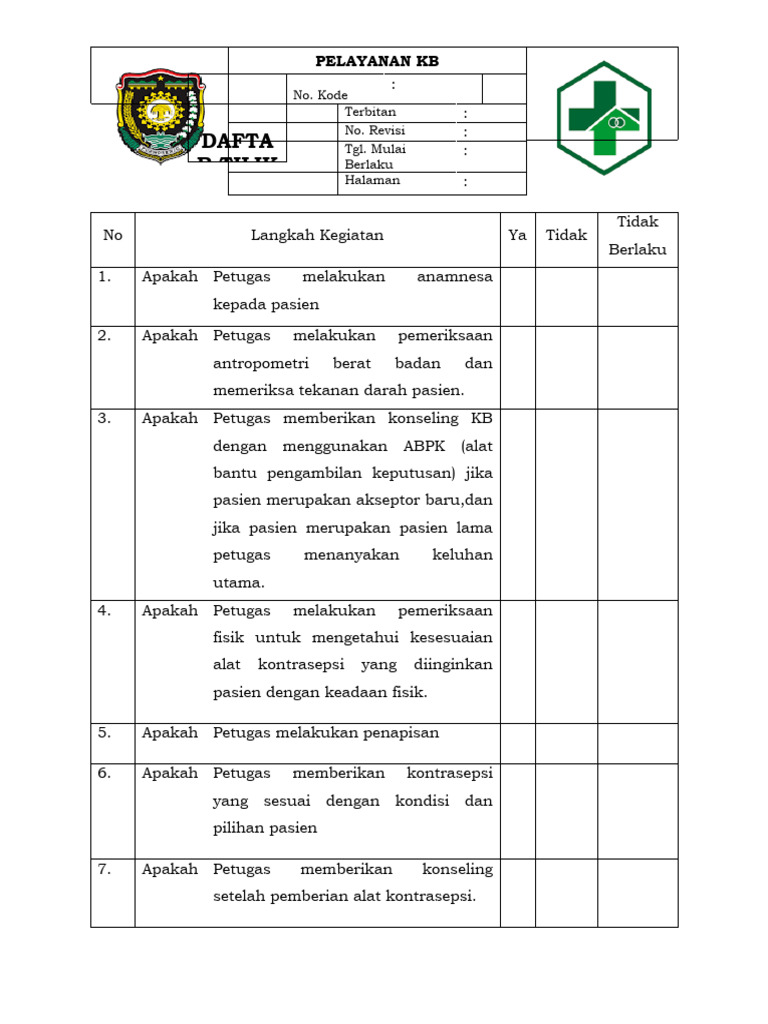 Daftar Tilik Pelayanan KB | PDF