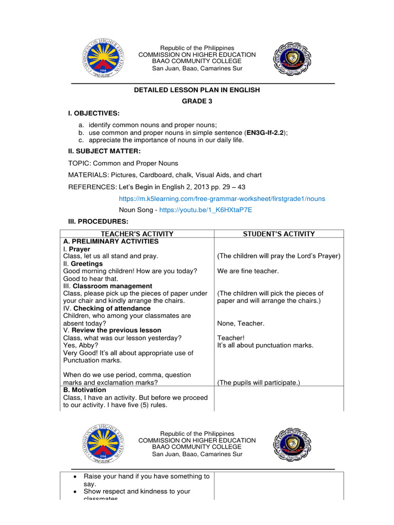 Grade 3 Lesson Plan: Nouns Overview | PDF | Teachers | Lesson Plan