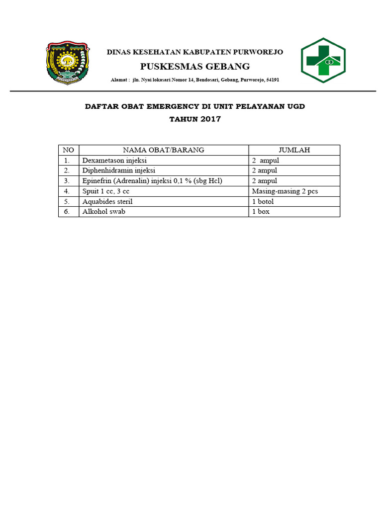Daftar Obat Emergency Puskesmas 2017 | PDF | Pengembangan Diri ...