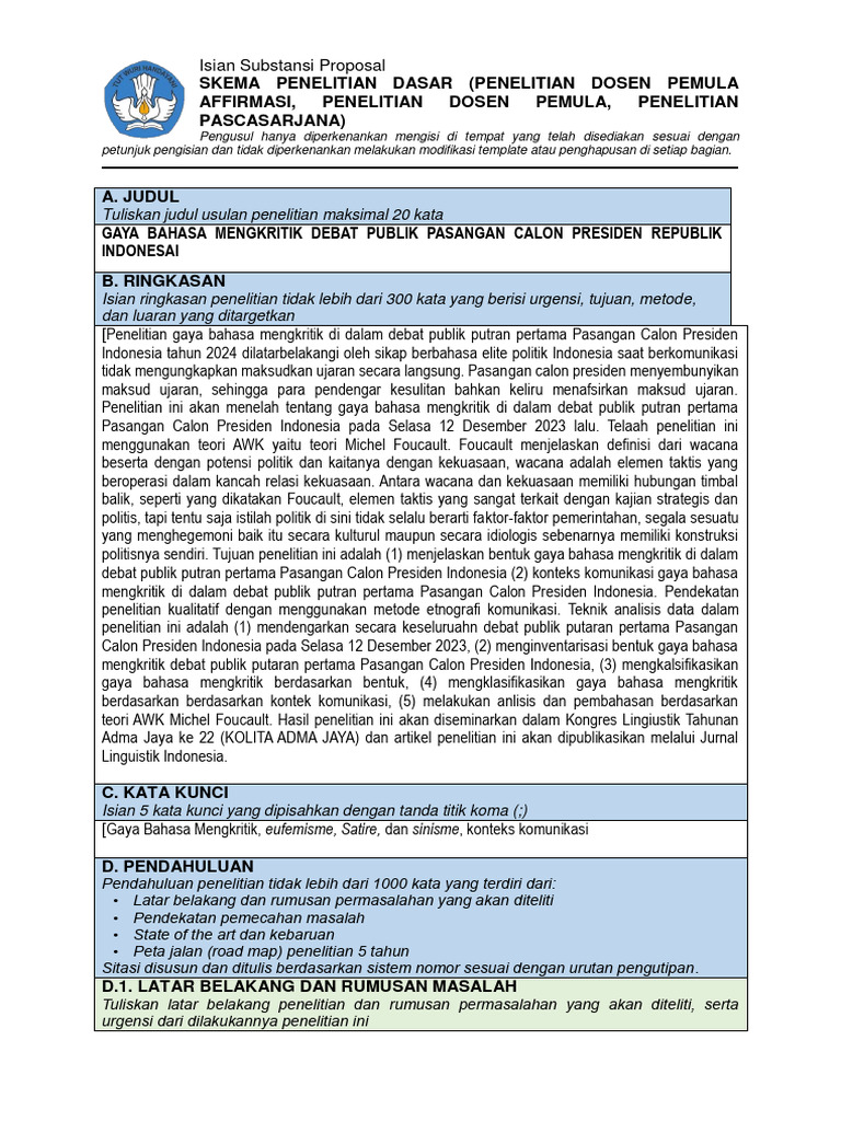 Isian Substansi Proposal Penelitian Dasar (PDP Affirmasi PDP PPS) Zona 1 | PDF