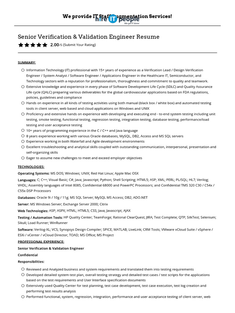 Senior Verification & Validation Engineer Resume - Hire IT People - We ...