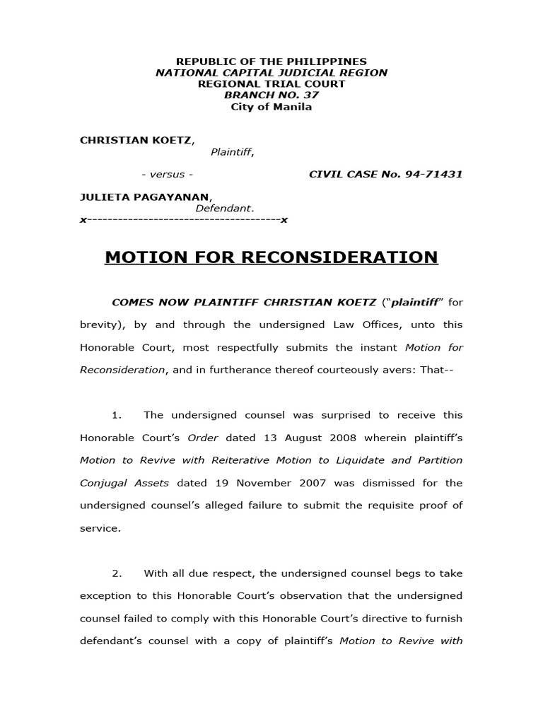 Motion For Reconsideration-37 | PDF | Lawsuit | Legal Procedure