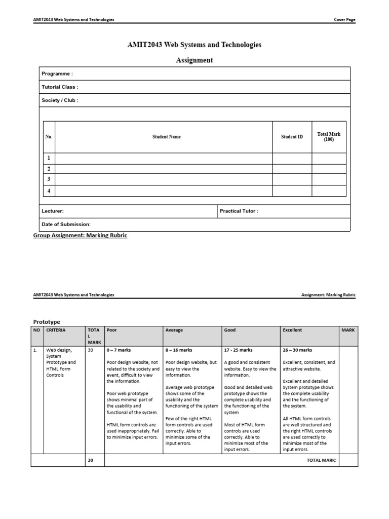 Amit2043 Cover Page And Marking Rubrics Pdf Databases Computer Programming 