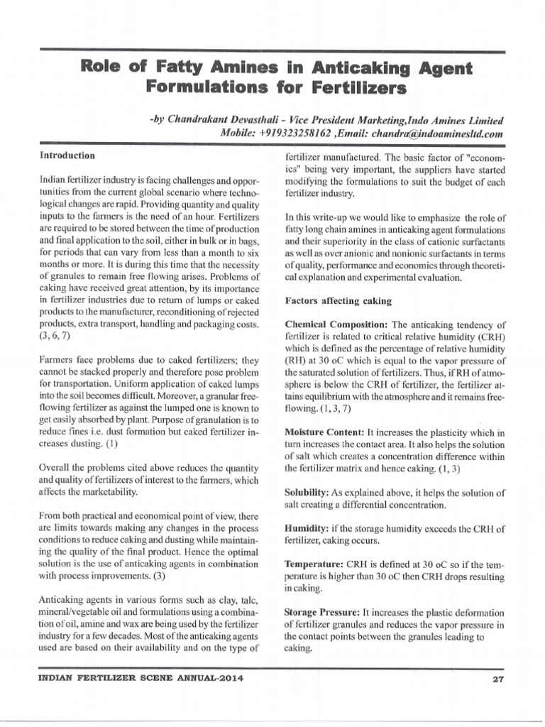 2014 Devasthali Role of Fatty Amines in Anticaking Agent Formulations For Fertilizers | PDF