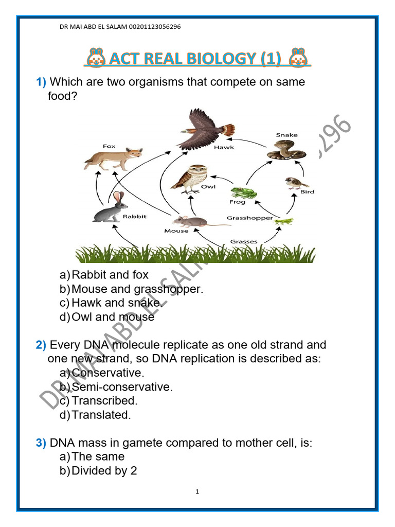 ACT Biology Practice Questions | PDF | Cell (Biology) | Dna