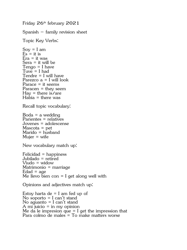 Spanish Revision Sheet | PDF