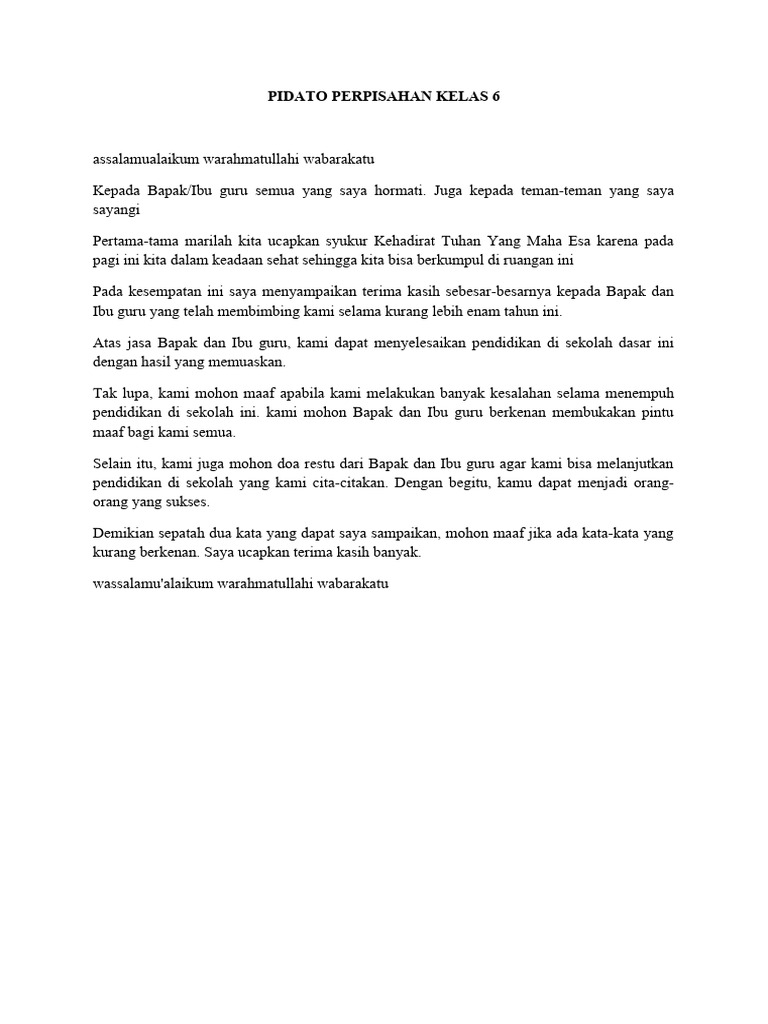 Pidato Perpisahan Kelas 6 | PDF