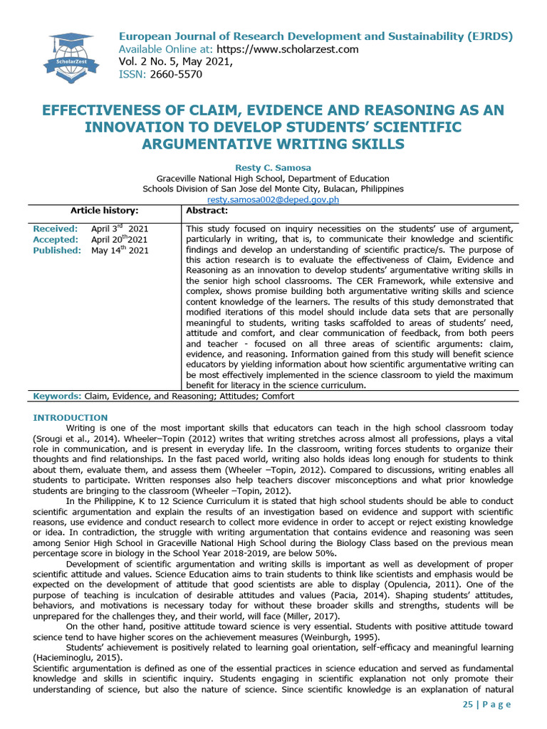 2021 - Effectiveness of Claim, Evidence and Reasoning | PDF | Science ...