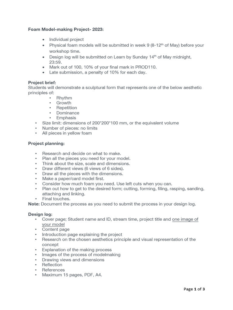 Foam Model Project Brief - PROD110 - 2023 | PDF | Aesthetics | Design