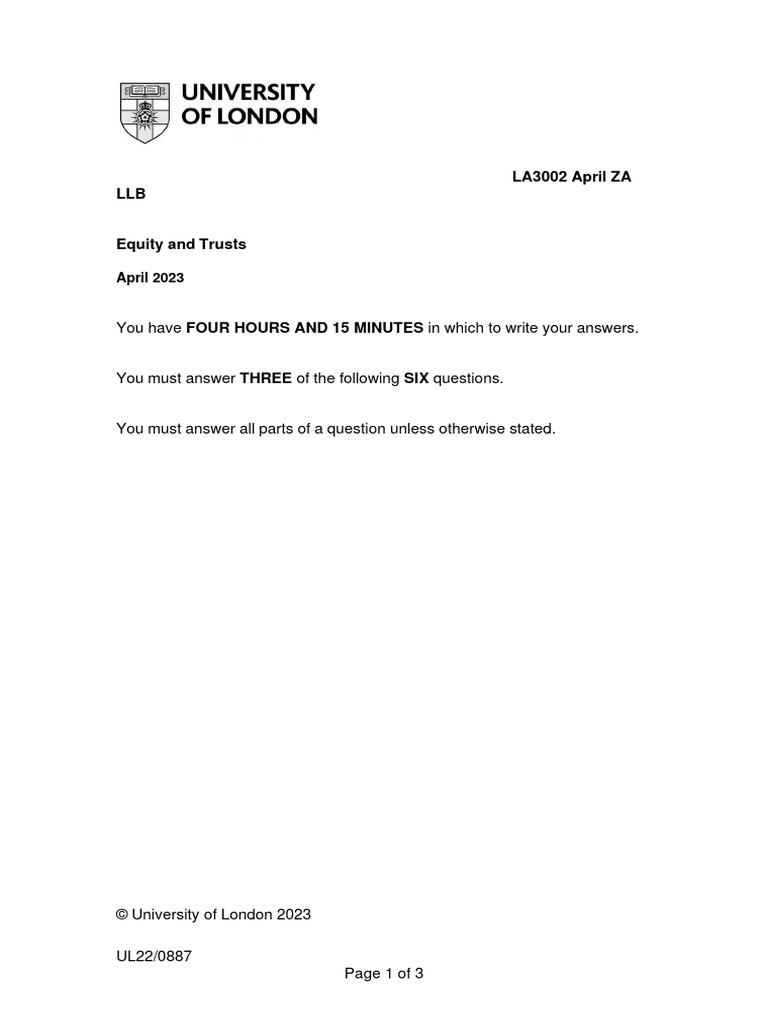 Equity and Trusts Exam Questions 2023 | PDF | Legal Documents | Common Law