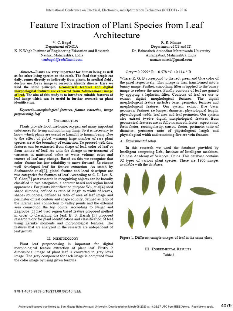 Plant Leaf Feature Extraction Techniques | PDF | Leaf | Area