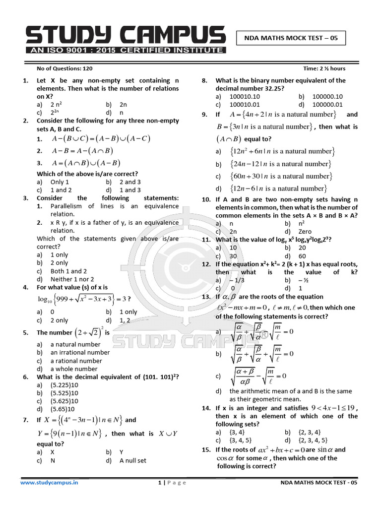 Nda Maths Mock Test 05 | PDF | Numbers | Angle