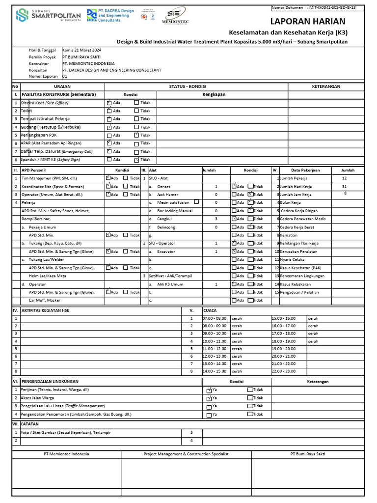 2024-03-21 Brs WTP Daily Report Hse | PDF