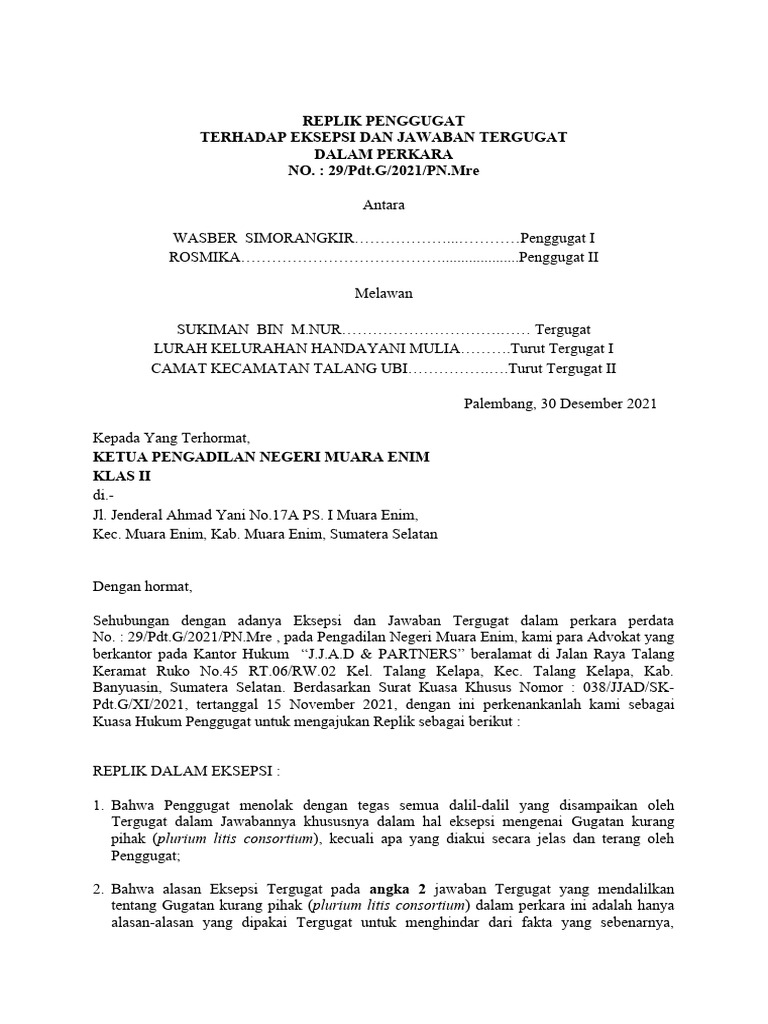 Replik Penggugat atas Eksepsi Tergugat | PDF