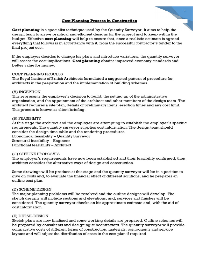 Cost Planning Process in Construction | PDF | Architect | Surveying