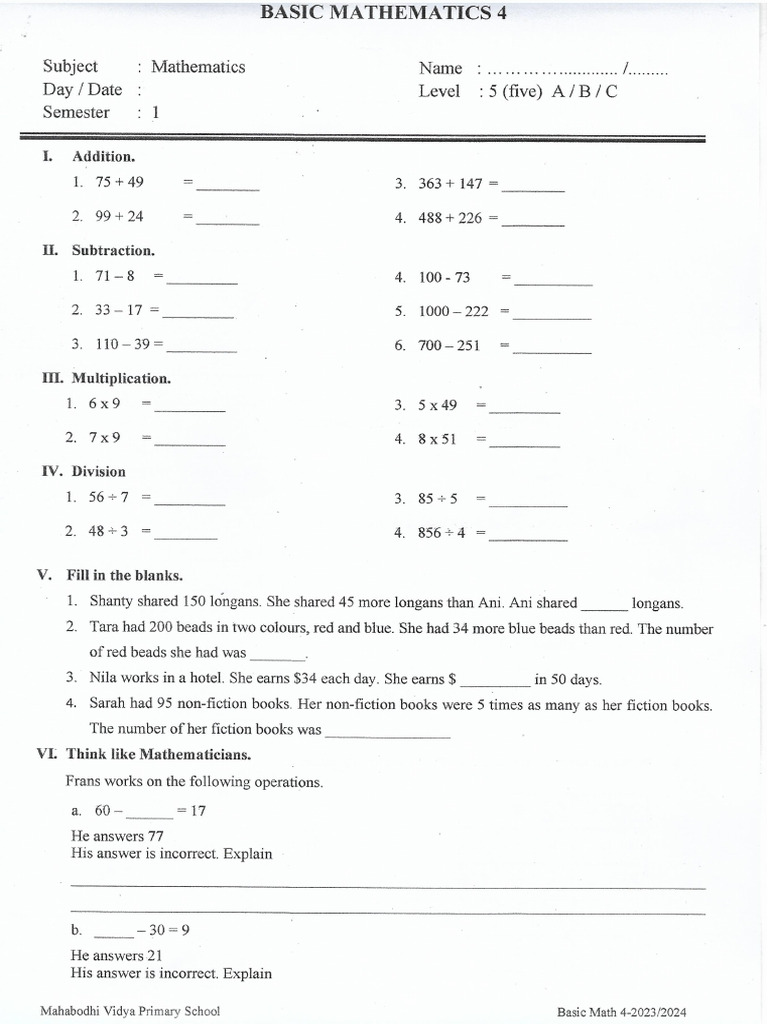 Unit 0 - Basic Calculation 4 | PDF